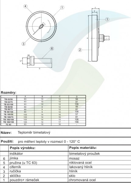 Teploměr bimetalový Steno DN100/75 mm, 0-120° C, 1/2", zadní