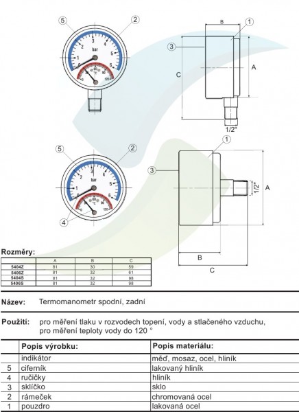 Termomanometr Steno DN80, 0-4 bar/0-120° C, 1/2", zadní